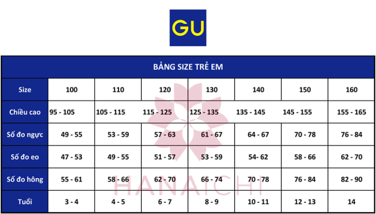 Hướng dẫn chọn size quần áo GU và bảng size GU chính hãng